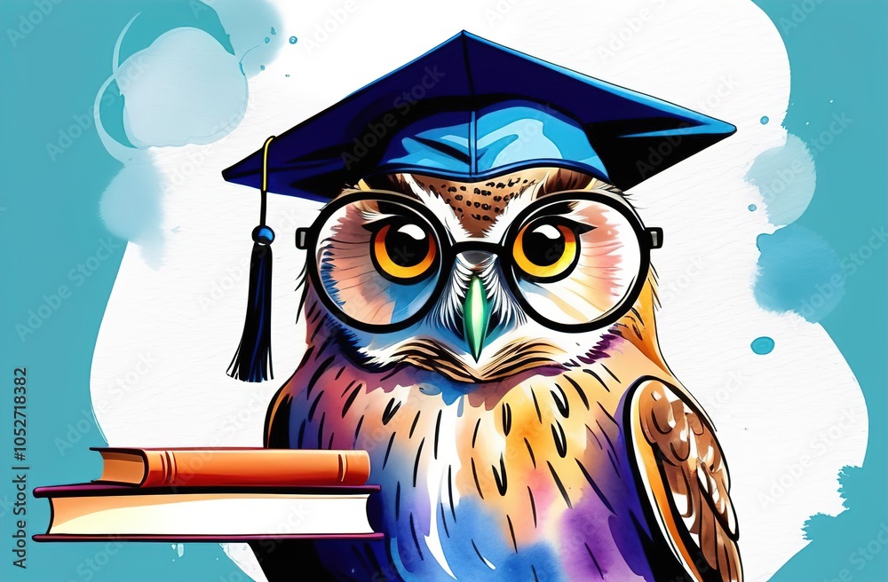 Watercolor Scientist Owl Teacher in Master of Science Cap. Cute Cartoon ...