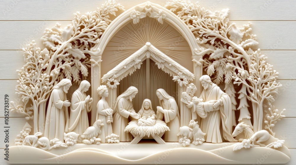 This elegant ivory carving depicts the Nativity with lovingly detailed ...