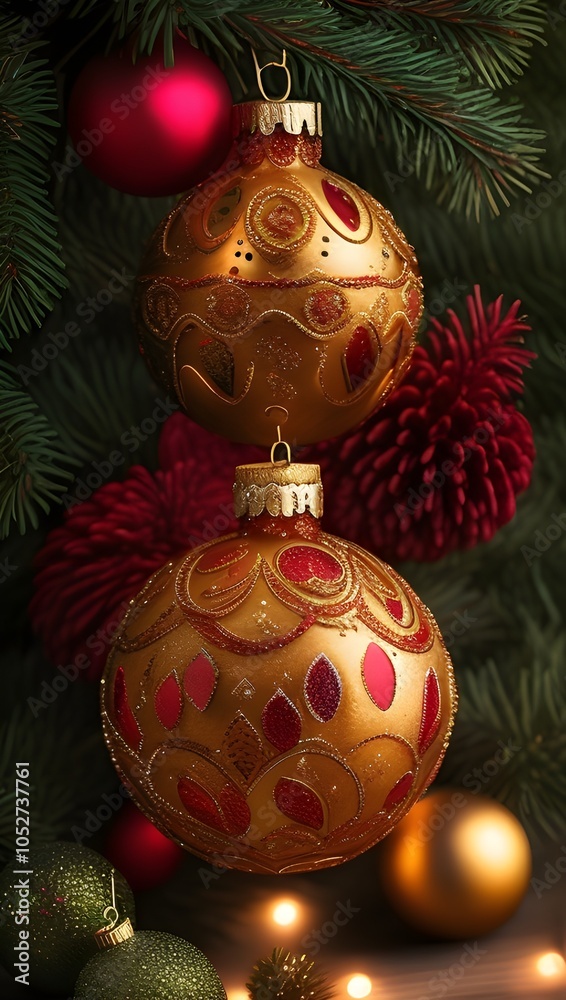 Intricate Red and Gold Christmas Ornaments on Pine Branch, Luxurious ...