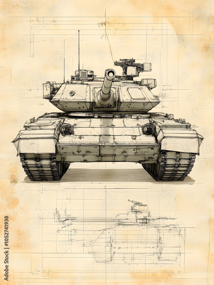 The design blueprint of the tank shows its complex structure as a heavy ...