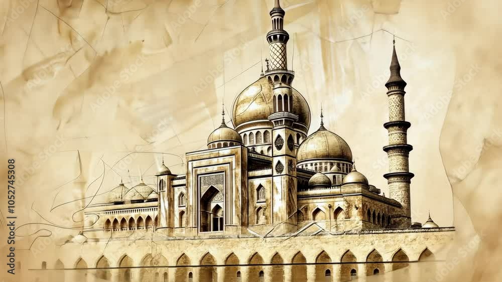 A detailed sketch of a large mosque with intricate details and multiple ...