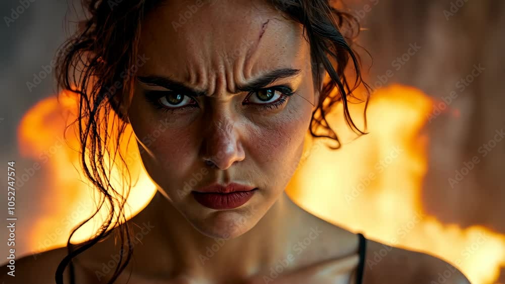 A woman stares intently at the camera with a fierce expression, her ...