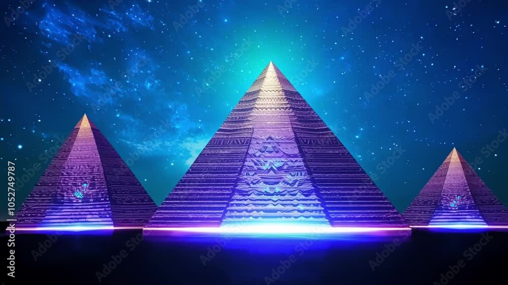 Surreal imagery showcases glowing pyramids emitting a vibrant light ...