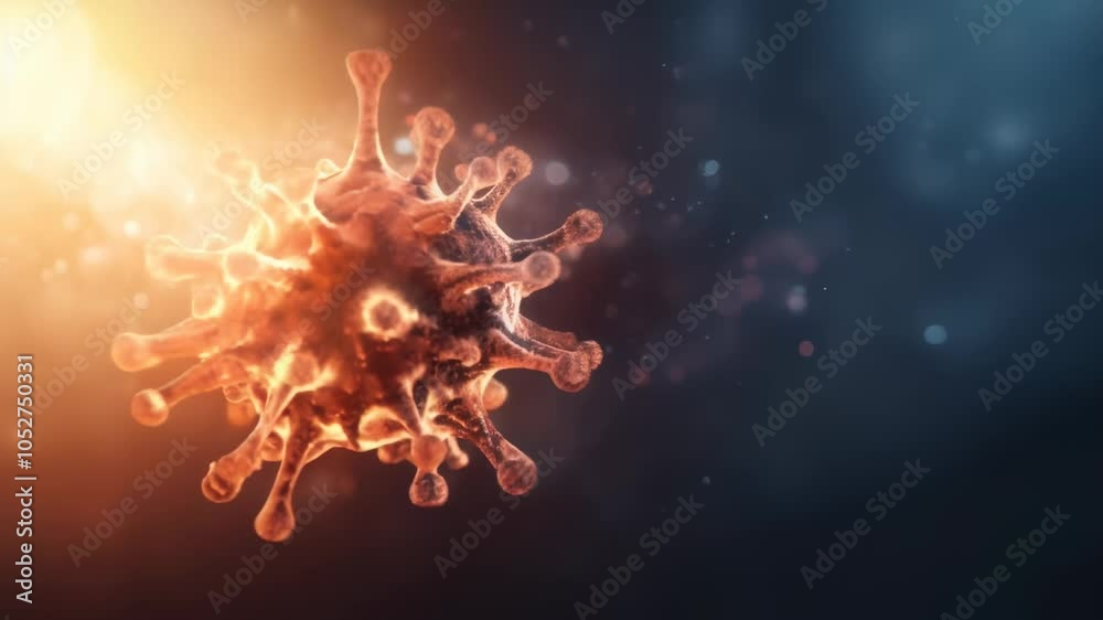 Microscopic view of a coronavirus particle floating, possibly ...