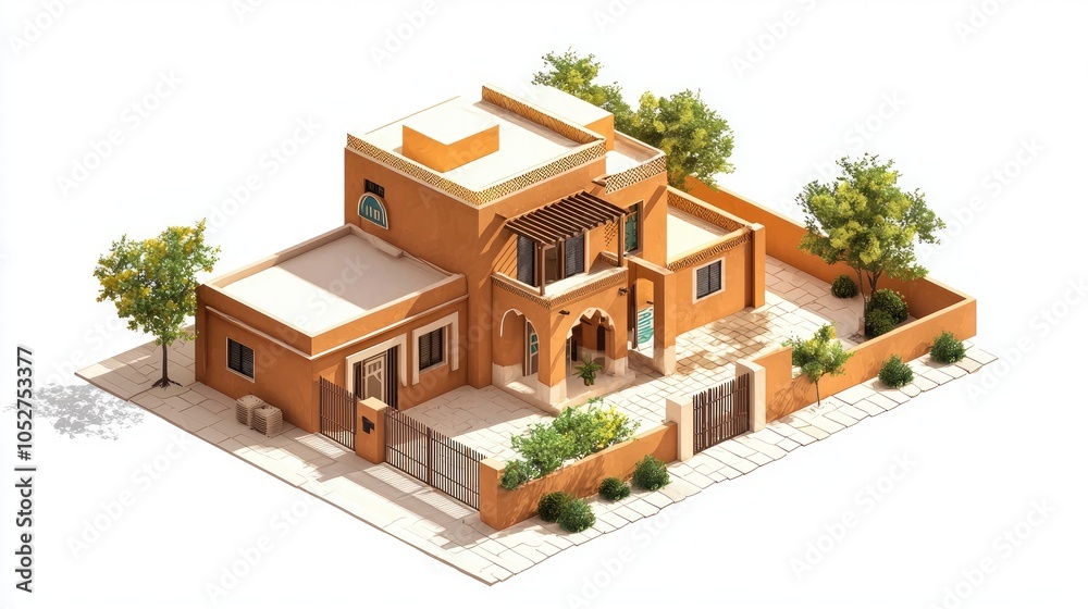 A traditional Arabic house with a flat roof, a courtyard, and a gate ...