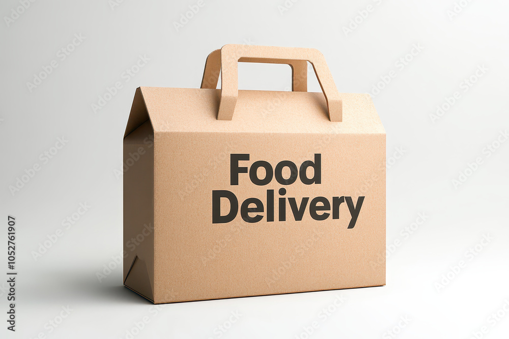 Cardboard food delivery box with handle, featuring bold text that reads ...