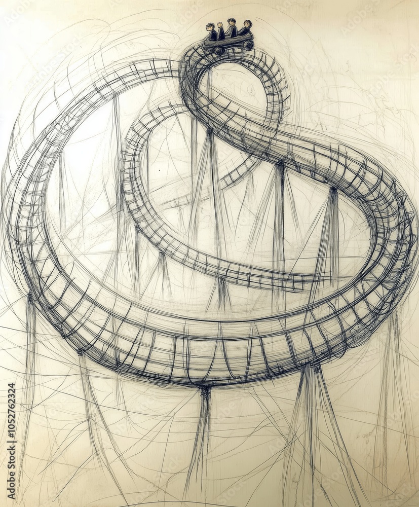 Stylized illustration of a roller coaster with four riders enjoying the ...
