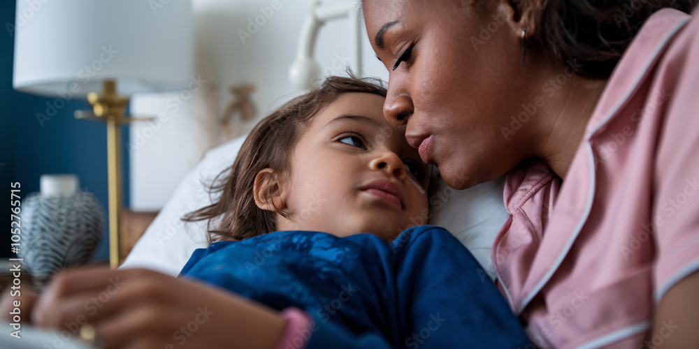 Bedtime Kisses: Mother Putting Child to Sleep. A close-up captures an ...