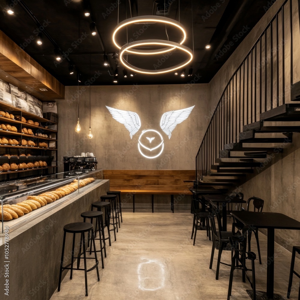 Modern bakery interior with exposed concrete walls, black metal stools ...