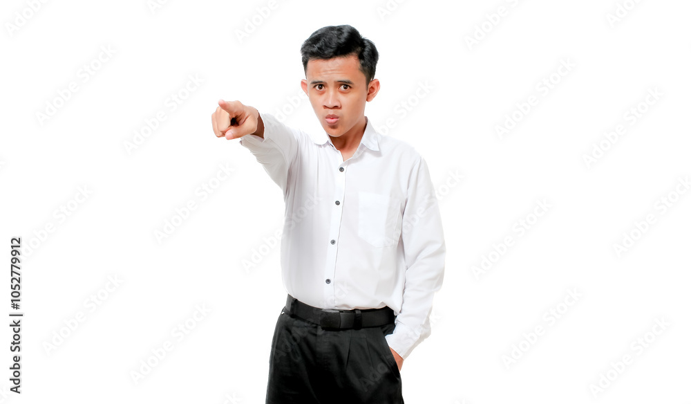 Asian man with hand gesture pointing forward informing something is up ...