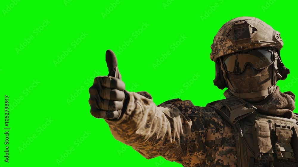 Soldier giving a thumbs up with a green background during a military ...