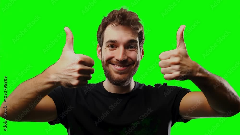 Enthusiastic man gives double thumbs up in front of vibrant green ...