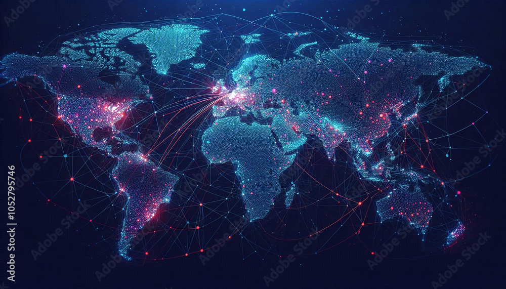 A world map made of dots and lines, connecting cities across the globe ...