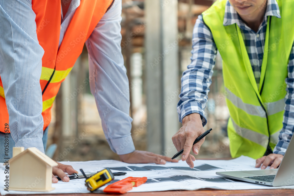 Engineers team discuss check and review the blueprint of construction ...