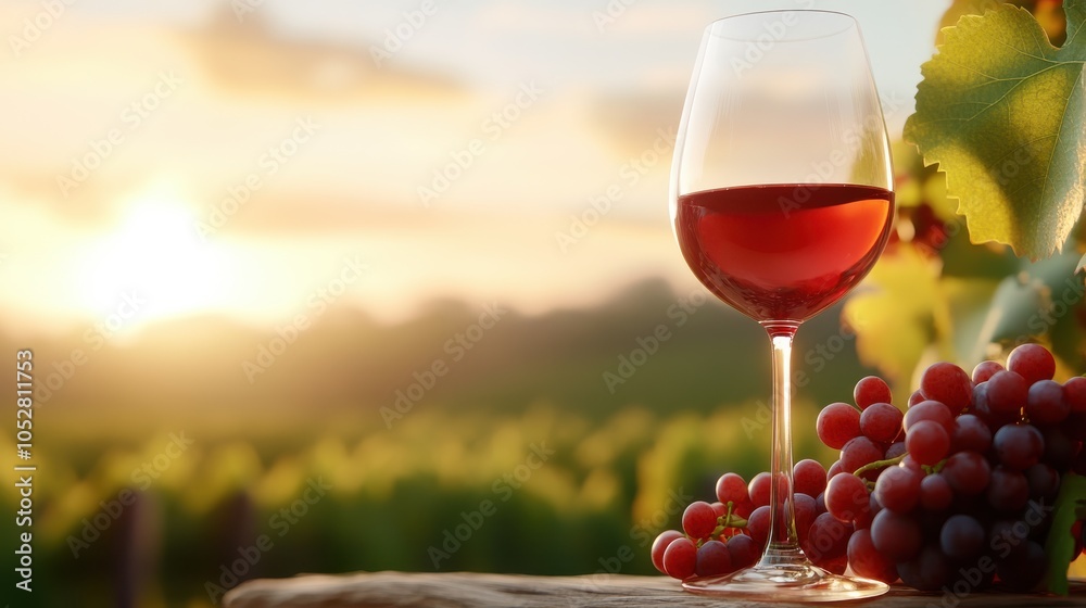 A serene vineyard scene with a glass of red wine alongside bunches of ...