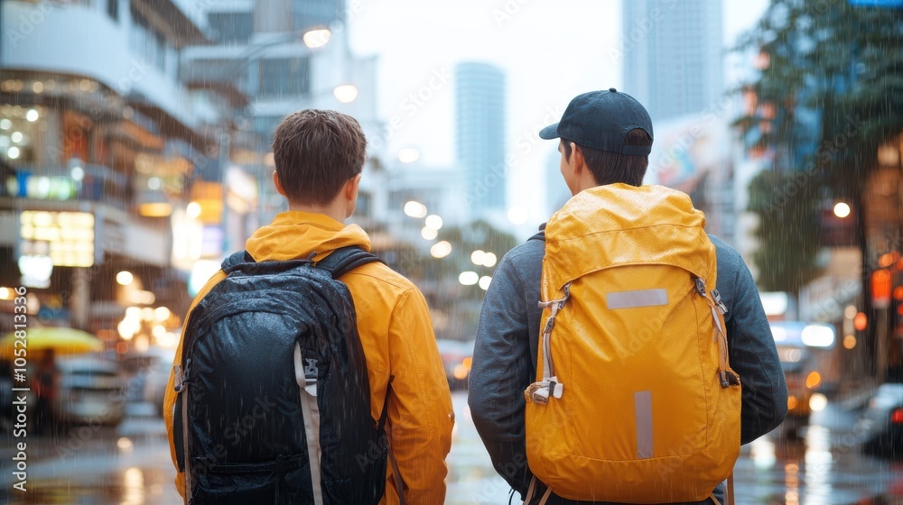 Under rainy skies, two persons with bright yellow and orange jackets ...