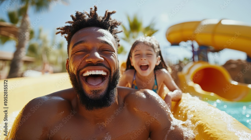 A beaming father and his daughter enjoy a thrilling ride down a water slide at a water park ...