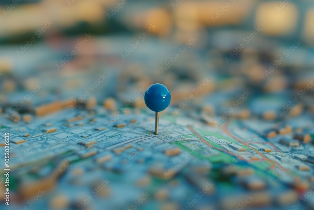 A blue pin marks a location on a detailed city map highlighting urban ...