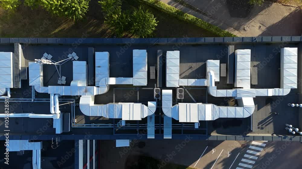 Aerial View of Industrial Rooftop HVAC Ductwork System. Top-down view ...