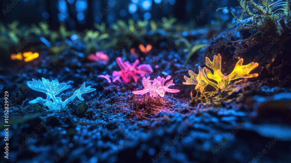 Describe a bioluminescent forest of sea plants and creatures glowing in ...