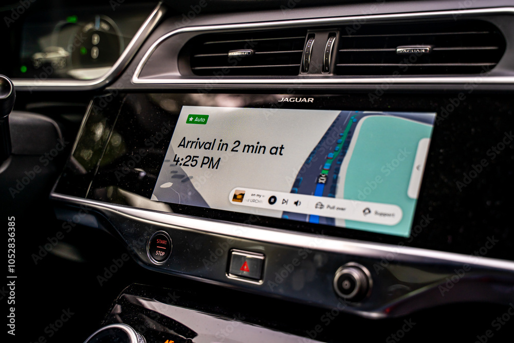 View inside Waymo self driving taxi. Arrival time on the electronic ...