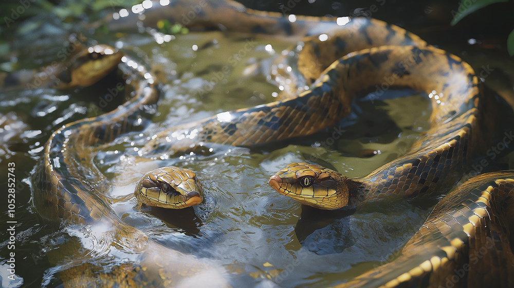 Cluster of Snakes Around a Water Source, Several Golden Lanceheads ...