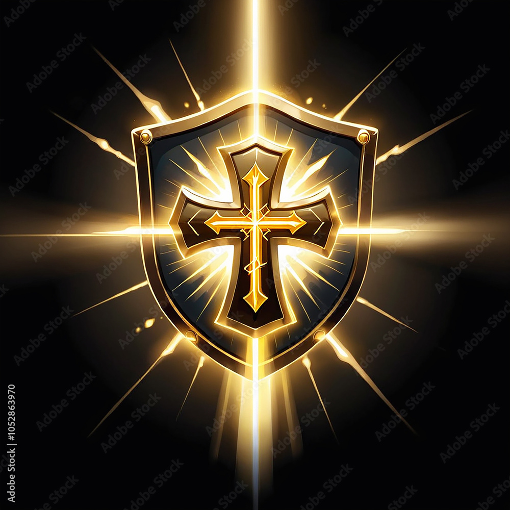 A golden cross sits prominently on a dark shield, surrounded by a burst ...