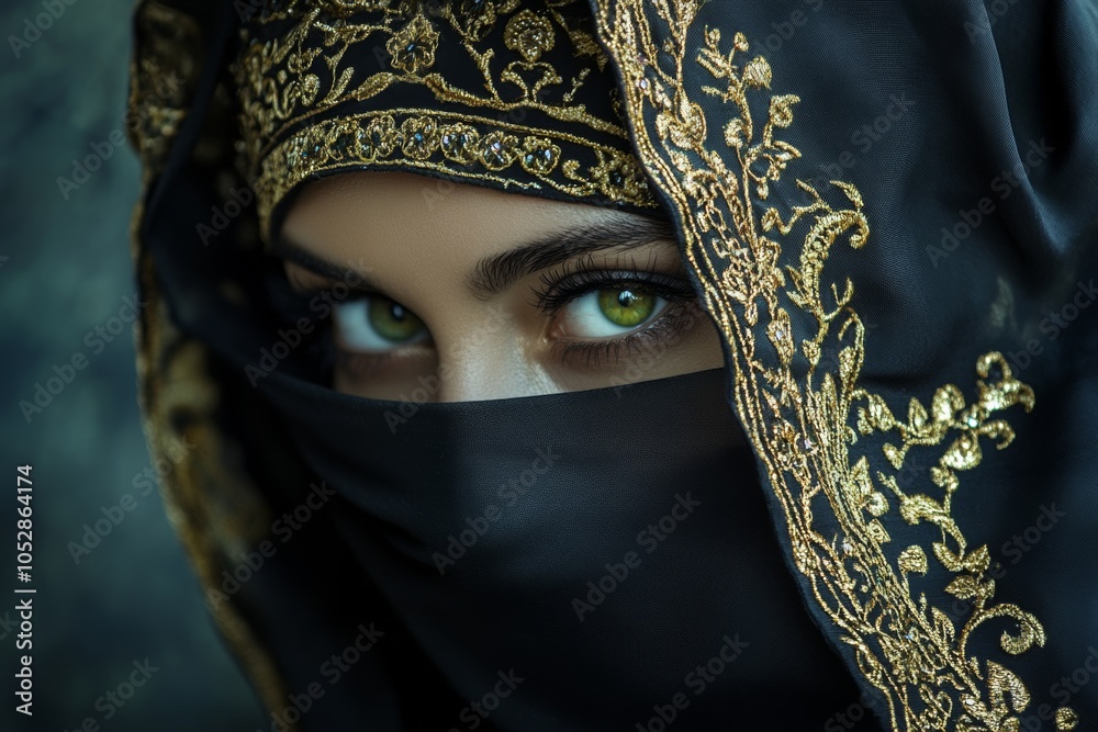 An Arabic woman in a black niqab with golden embroidery, revealing her ...