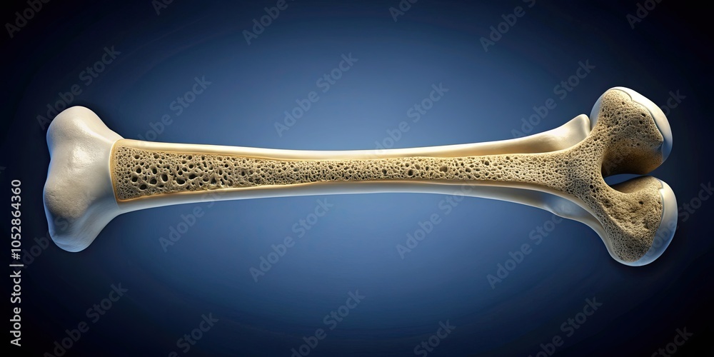 Detailed rendering of human femur emphasizing bone density and ...