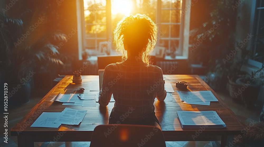 Golden Hour Productivity: Woman working at desk, back to camera, sun ...