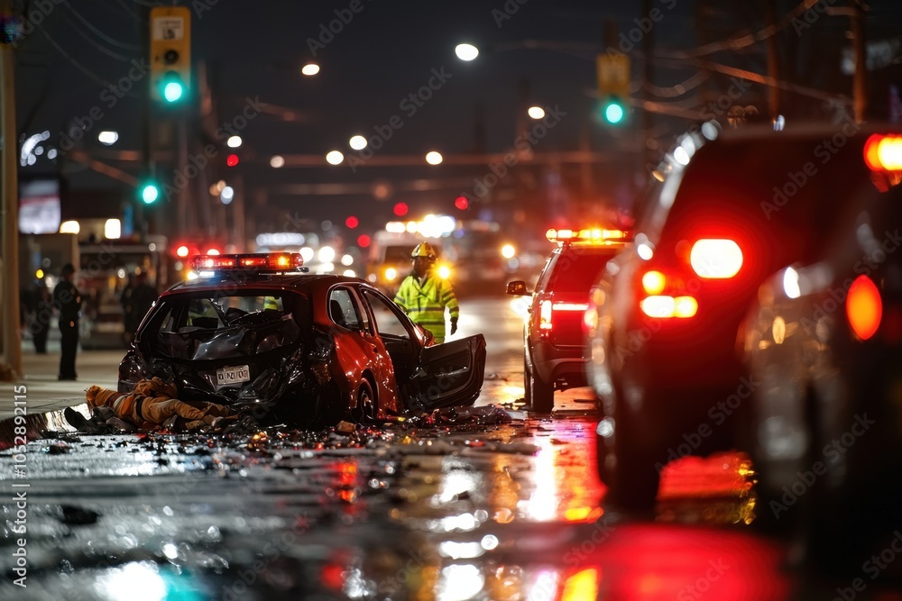A dramatic car accident scene on a busy urban street, with emergency ...