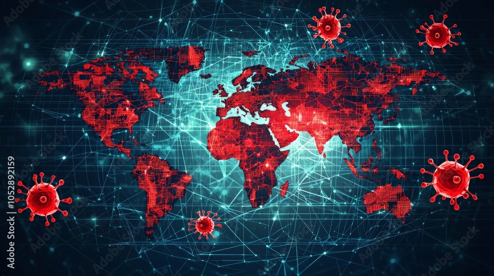 A global map highlighting the spread of a virus pandemic, with red ...