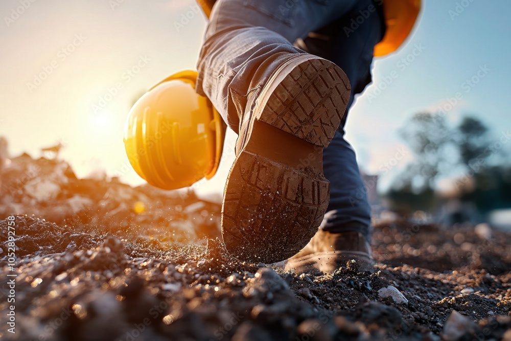 Construction site accident showing a worker wearing a hard hat tripping ...
