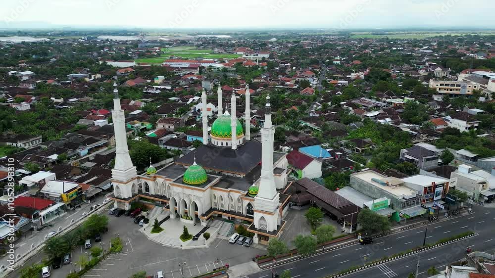An aerial view of Masjid Agung Baiturrahmah in Sukoharjo showcases its stunning architecture ...