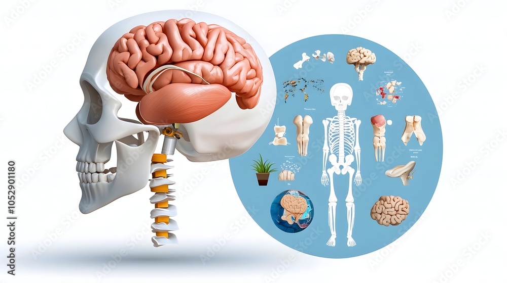 Detailed x ray showing the human brain and skeletal anatomy with a ...