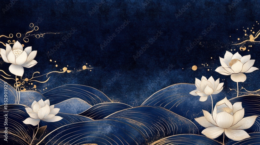 Japanese-inspired background with delicate lotus and wave patterns in ...