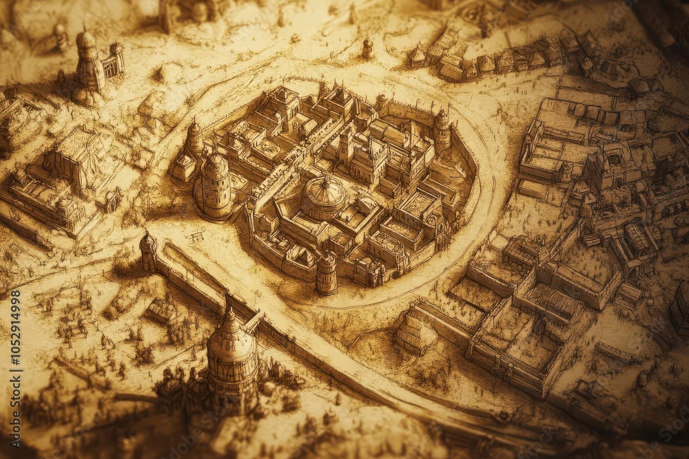 Detailed ancient city map, sepia tones, hand-illustrated buildings and ...