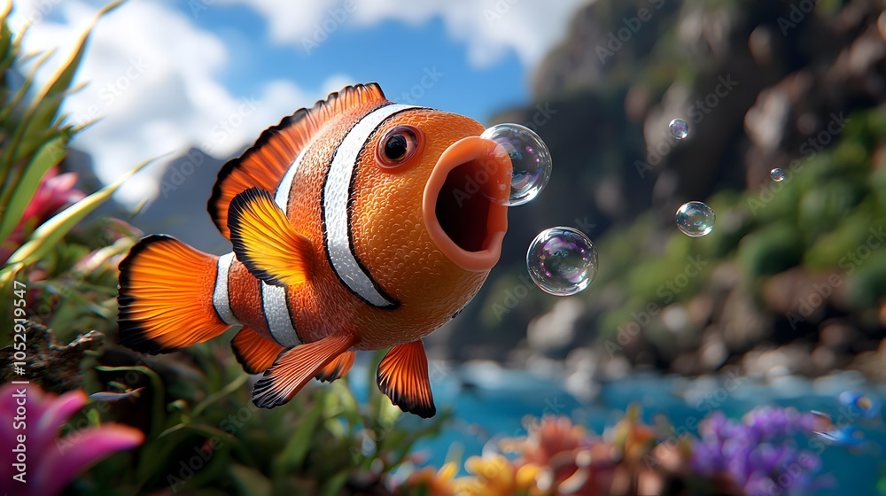 Playful 3D clay fish blowing colorful bubbles in a vibrant imaginative ...