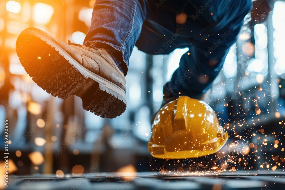 Workplace accident in an industrial setting, showing a worker tripping ...