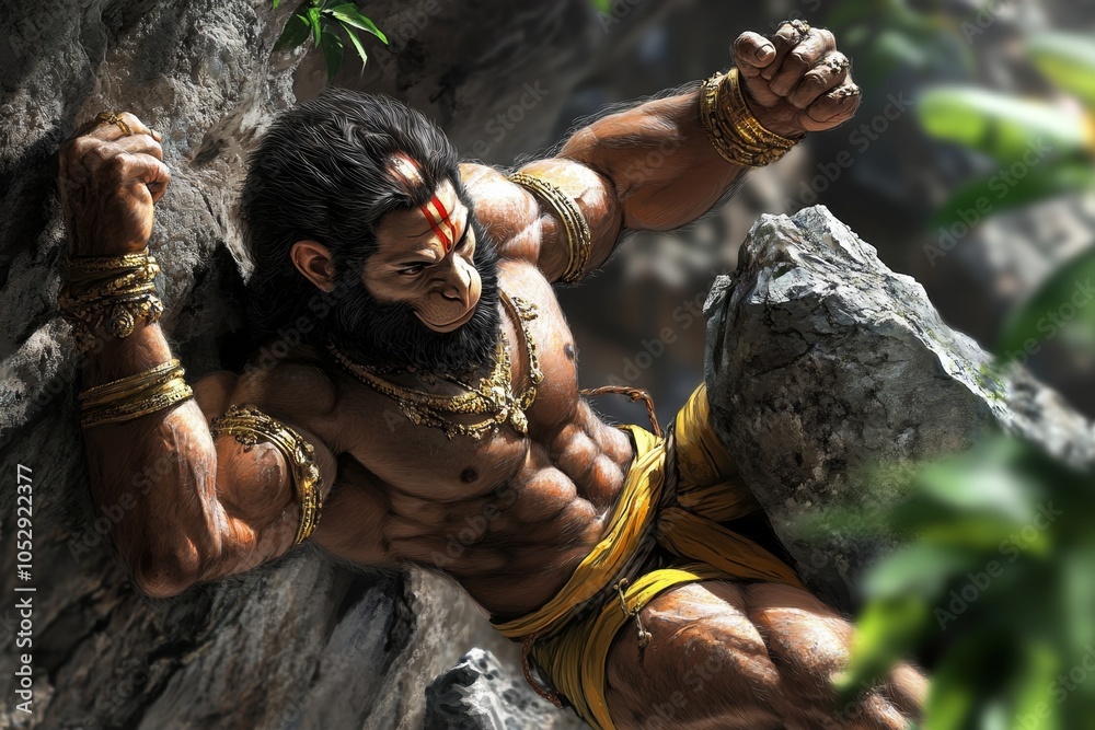 A hyper-realistic image of Hanuman holding the Dronagiri mountain, with ...