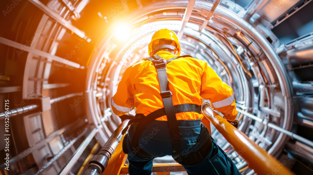 wind turbine technician is climbing ladder inside turbine, showcasing ...
