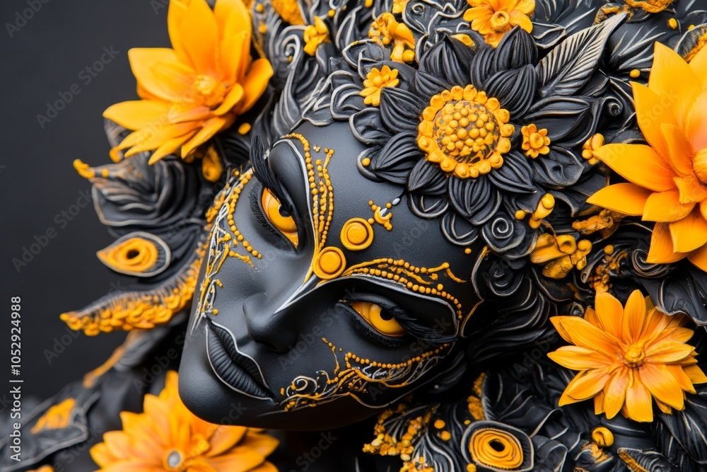 Goddess Kali in a dynamic pose, with her hair flowing wildly, capturing ...