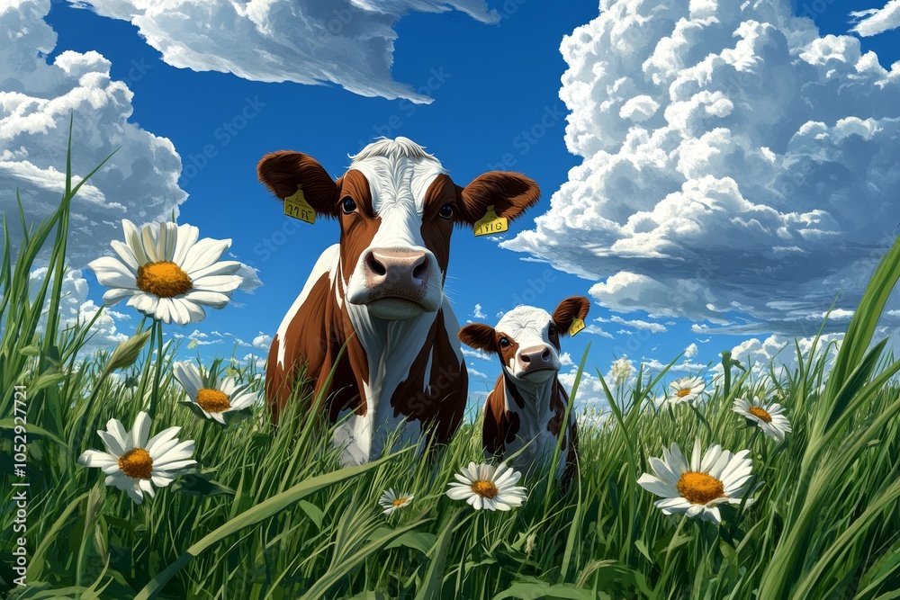 a 2D cartoon illustration of a cow and her calf standing in the pasture ...