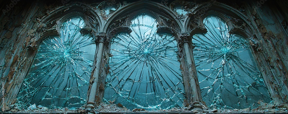 Broken Gothic Window with Teal Glass Shattered Abandoned Decay Ruin ...