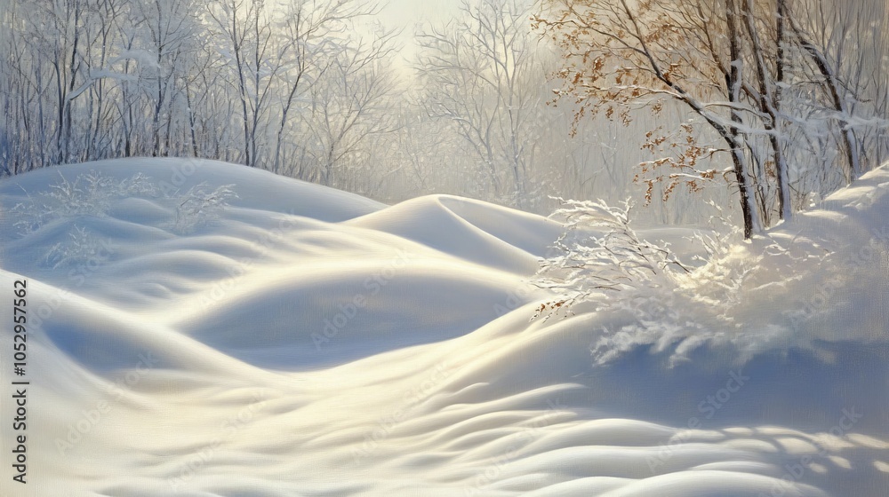 2410 6.A serene winter scene showing freshly fallen snow blanketing the ...