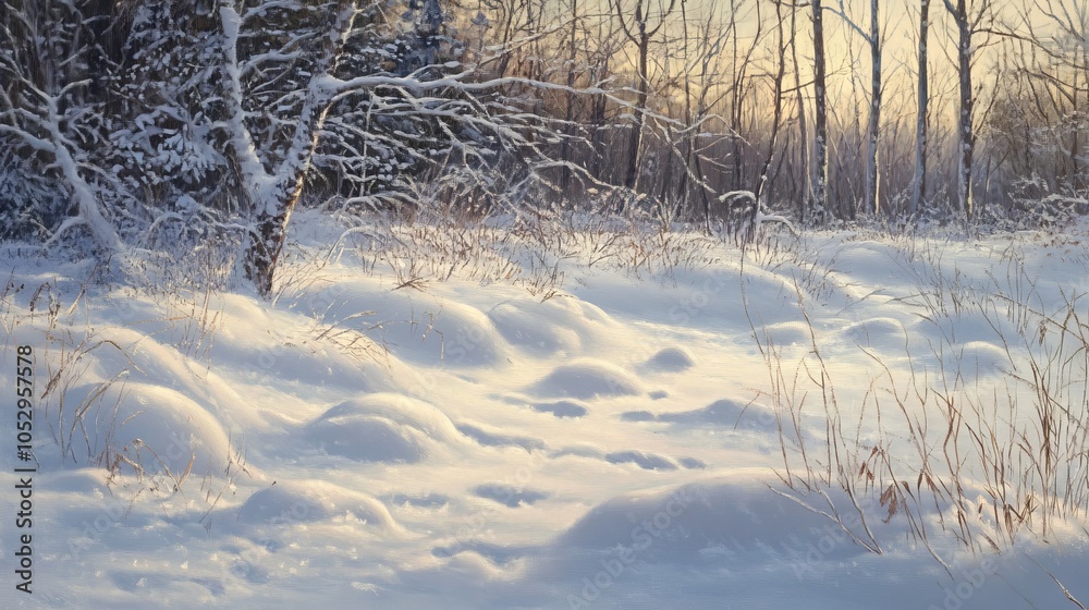 2410 6.A serene winter scene showing freshly fallen snow blanketing the ...