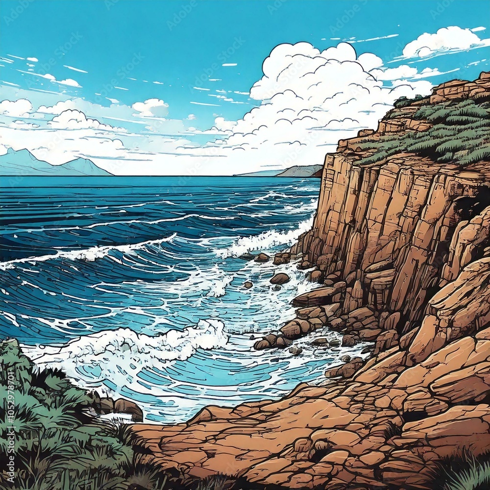 Illustrated scene of a rugged coastal cliff with waves crashing against ...