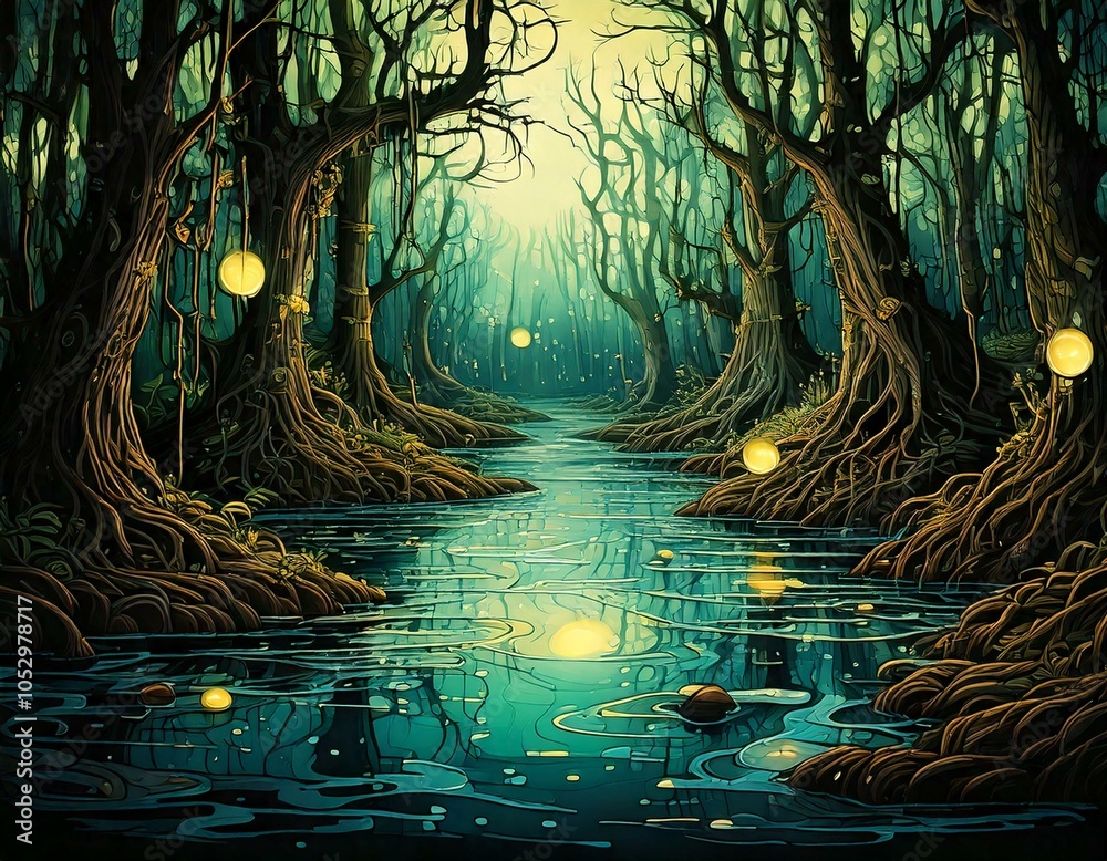 Illustrated mystical swamp scene with glowing orbs and twisted trees ...