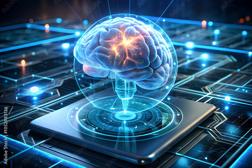Illustrating a futuristic hologram display of 3D Brain model ...