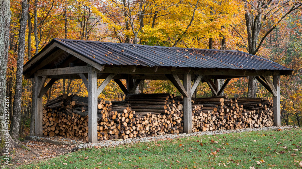Wood storage shed with neatly stacked logs surrounded by vibrant autumn ...
